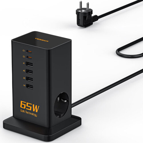 Сетевой фильтр TESSAN TS-PS02DE00 кирпич 6 евро розеток 3.6 кВт зарядка 2 порта USB-A + USB-C по 3А - 2м серый