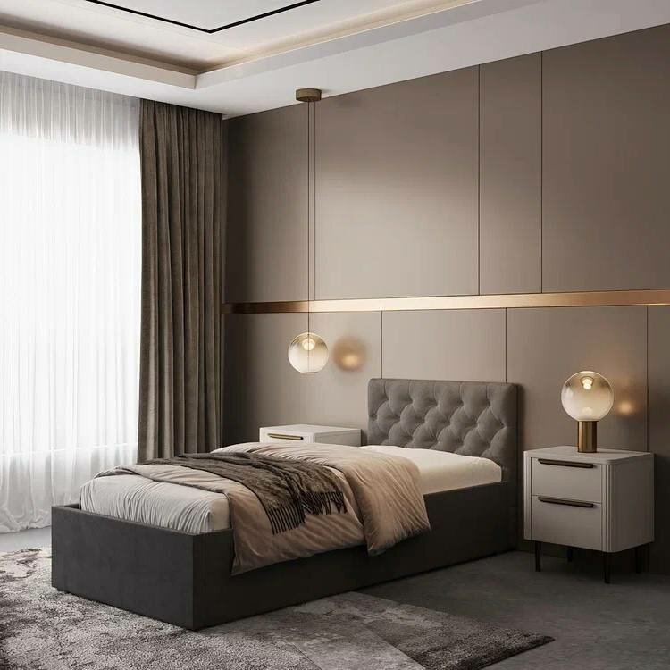 Кровать с матрасом 90х200 односпальная с подъемным механизмом, с ящиком для белья, темно-серая