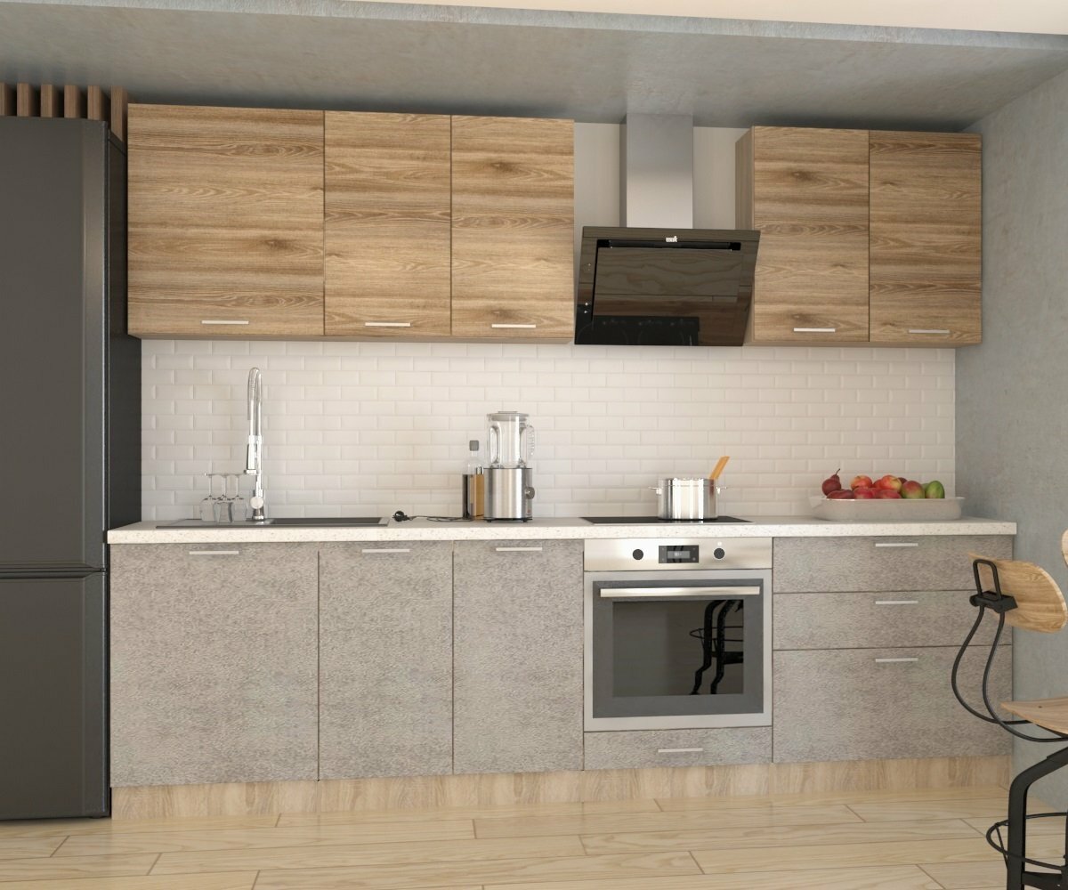 Кухонный прямой гарнитур Лофт, 2800 мм, рустик соломенный/бетон светлый