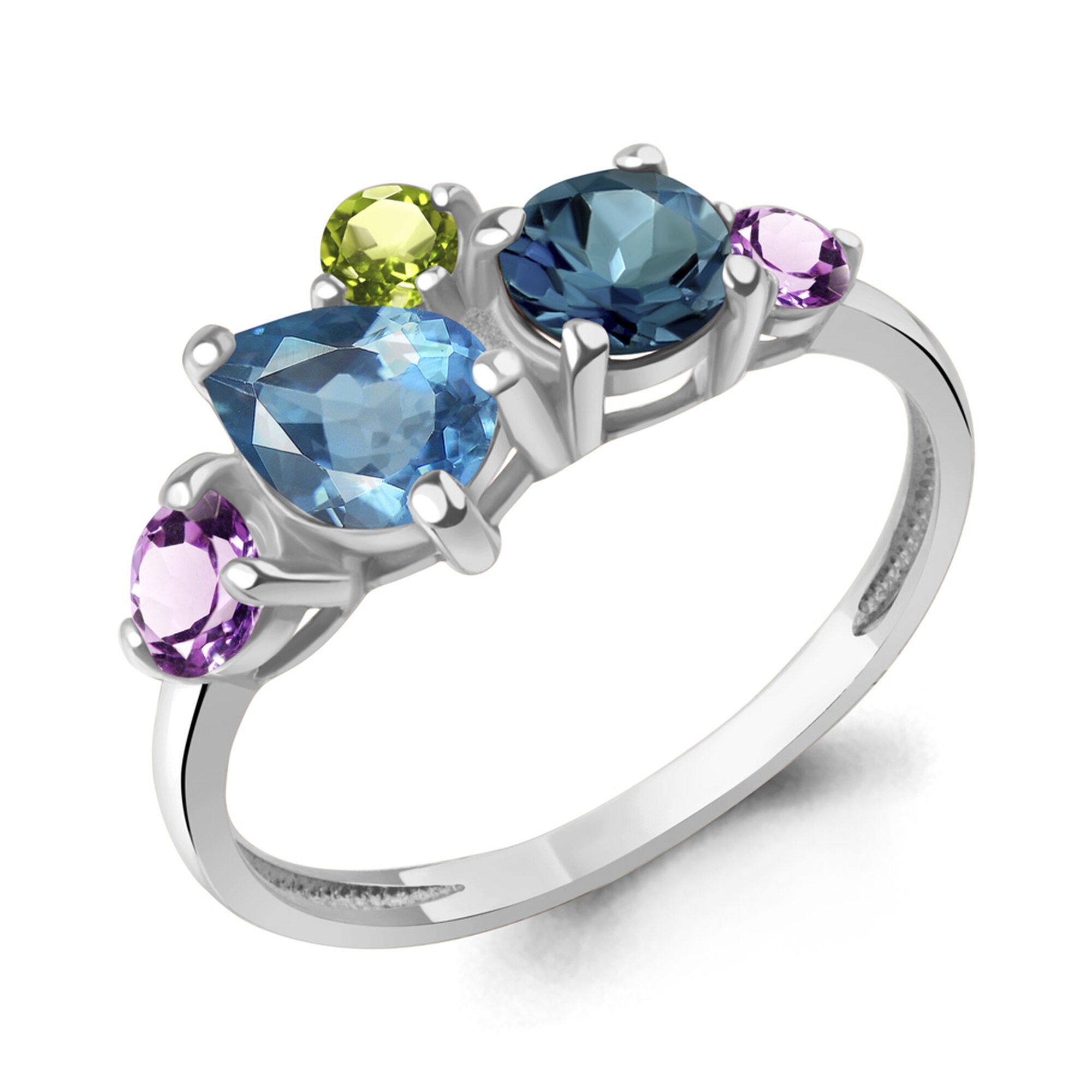 Кольцо, серебро, 925 проба, родирование, топаз, хризолит, аметист