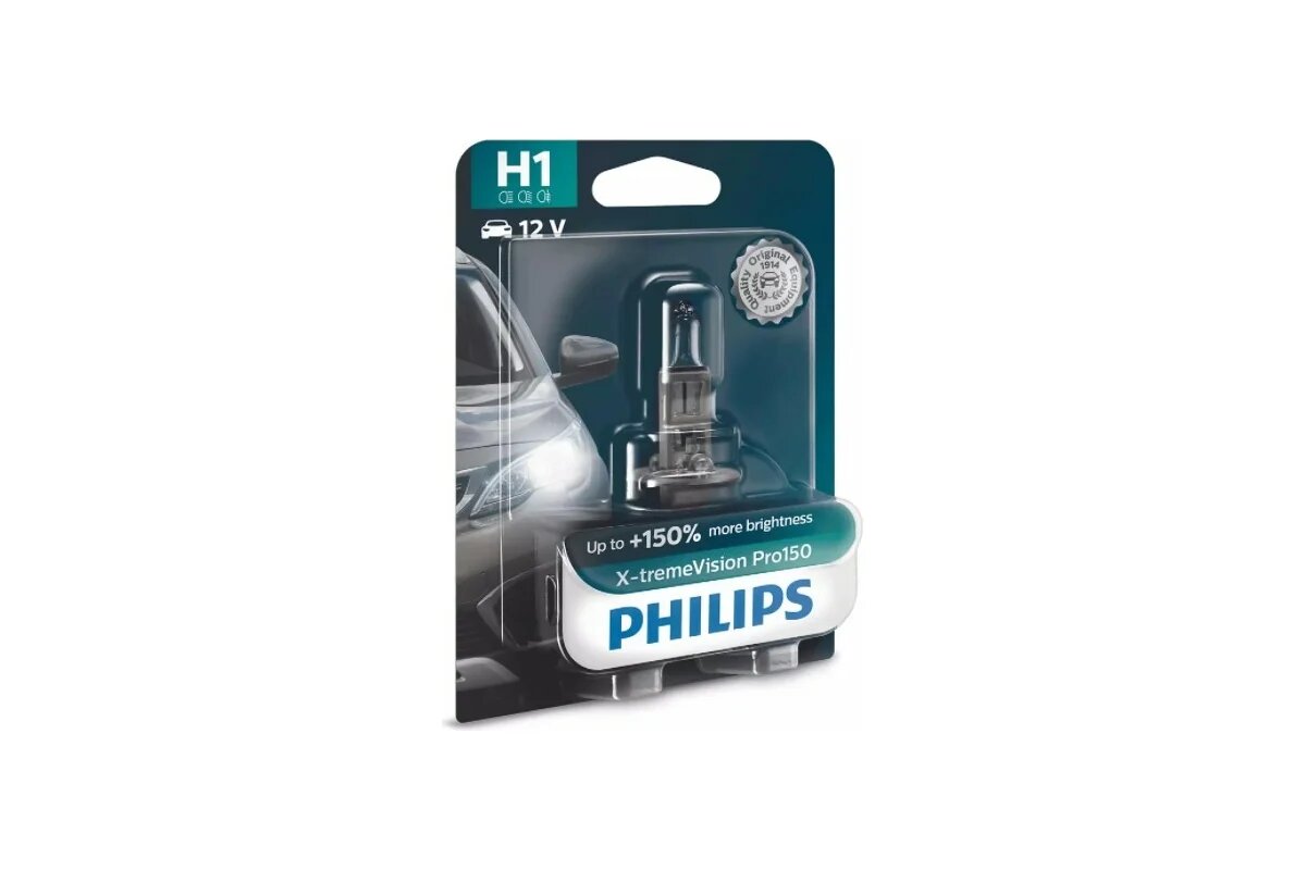 PHILIPS H1 55W P14.5s+150% X-tremeVision Pro150 3400K 12V 12258XVPB1 для ближнего света
