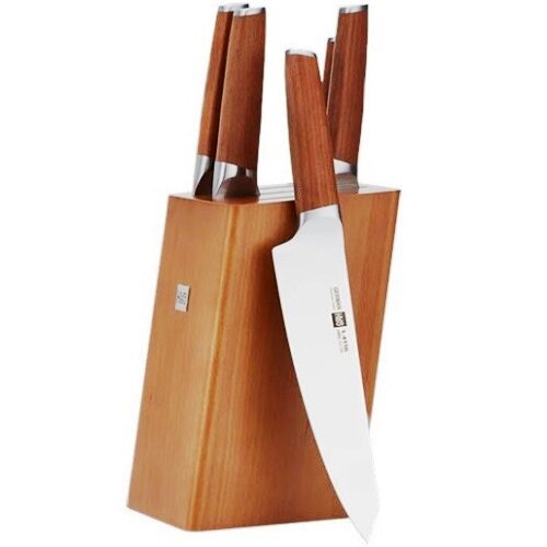 Набор стальных ножей HUOHO HU0158 Brown RUS Molybdenum Vanadium Steel Kitchen Knife Set, 5 ножей + подставка