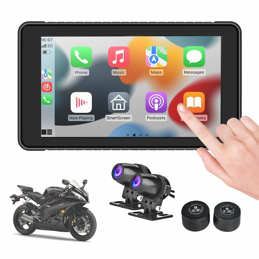 Видеорегистратор для вождения мотоцикла, навигация с экраном Carplay, датчик давления в шинах 2K, водонепроницаемый 5-дюймовый большой экран