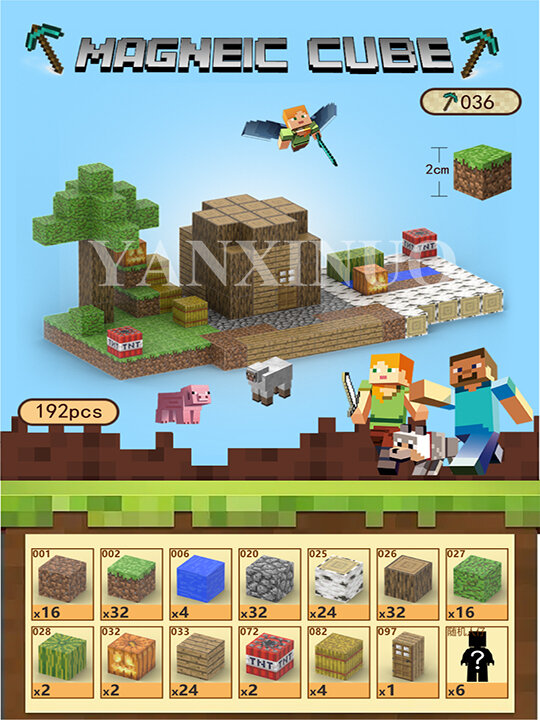 Магнитный конструктор Майнкрафт(Minecraft)/Комплект из 192 магнитных блоков и 6 фигурок