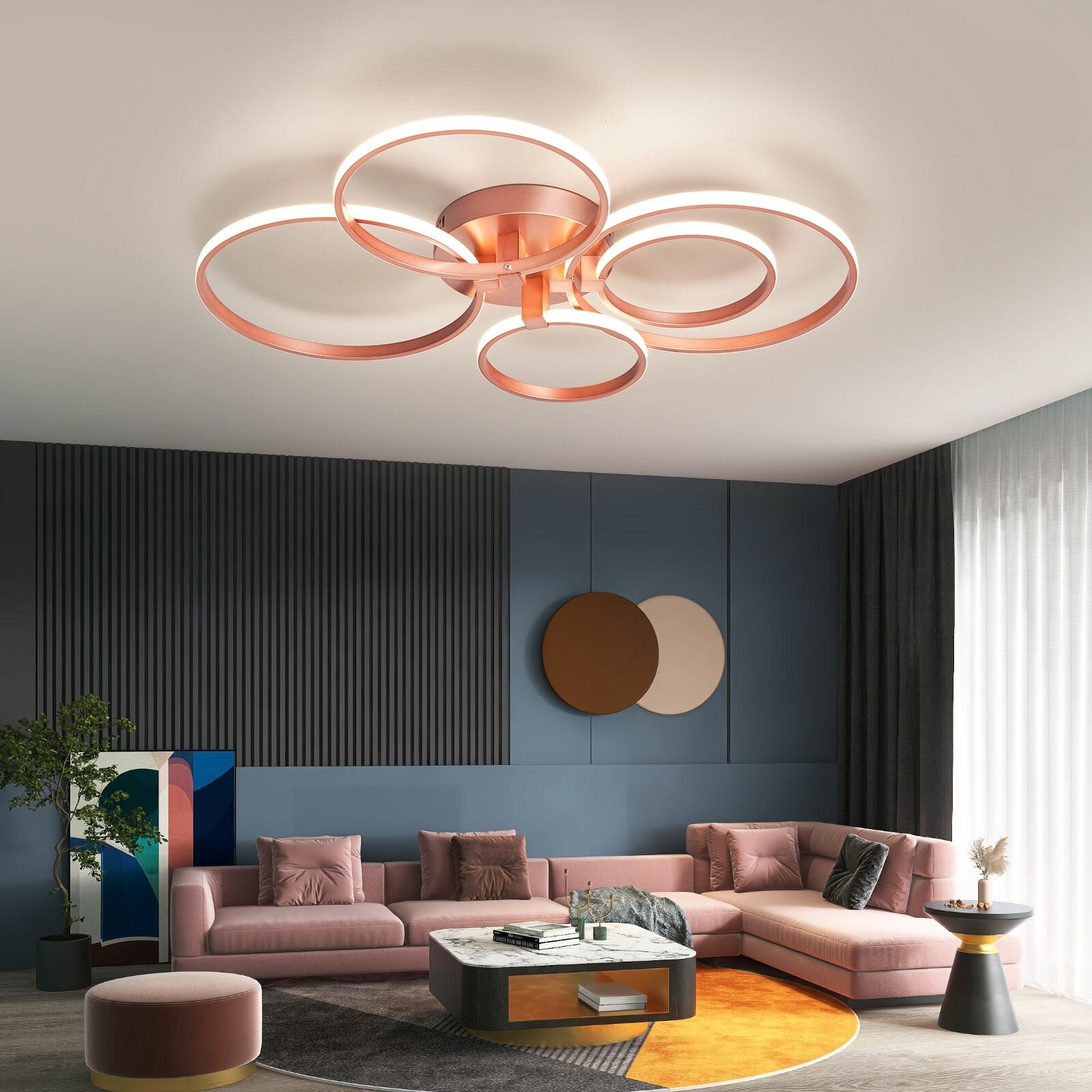 Потолочная люстра розового золота. Длина 750 * Ширина 570 мм 60 Вт светодиодные. лампа с пультом, алюминий, современное освещение для гостиной, кухни, спальни