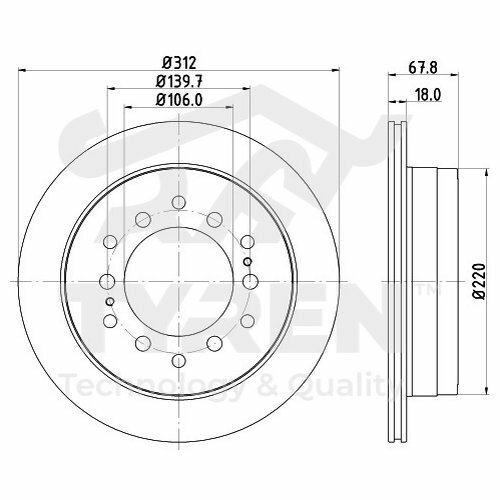 Диск тормозной, задний, Toyota Land Cruiser (70, 80) 84>, Land Cruiser Prado (90, 120) 96> 4243160200 ; 4243160201 ; 4243160270 ; 4243160295 TYREN TYR1018971