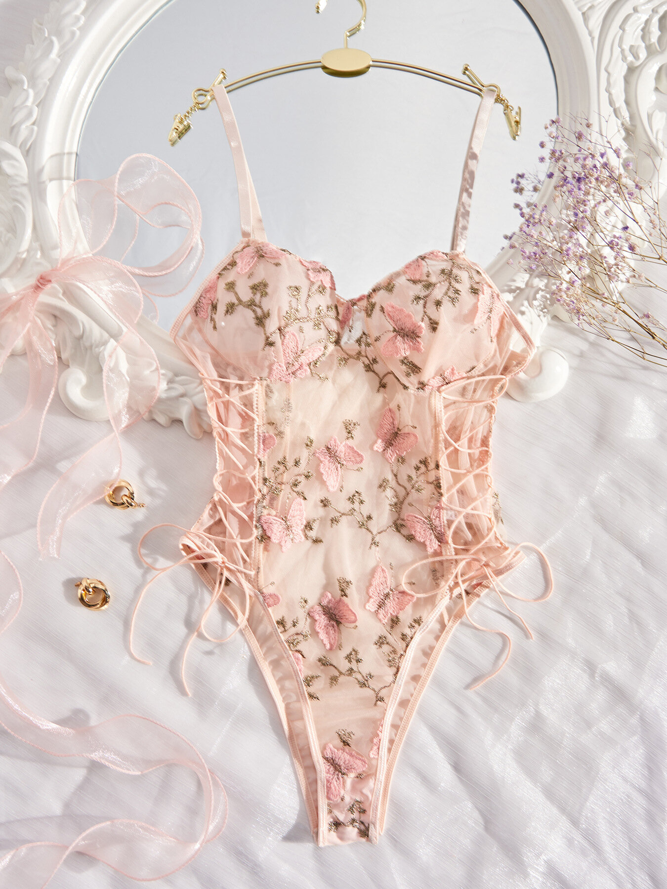 Кружевное боди Teddy, розовое, размер L