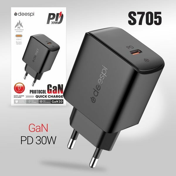 Сетевое зарядное устройство для телефона deespi GaN30 PD30W 30W Black / Зарядка для Andoid и Iphone / Блок питания