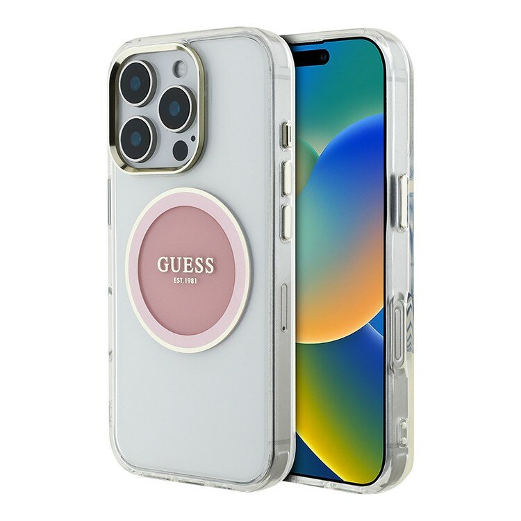 Guess чехол MagSafe для iPhone 16 Pro Max, PC/TPU Middle Colored Ring прозрачный/розовый
