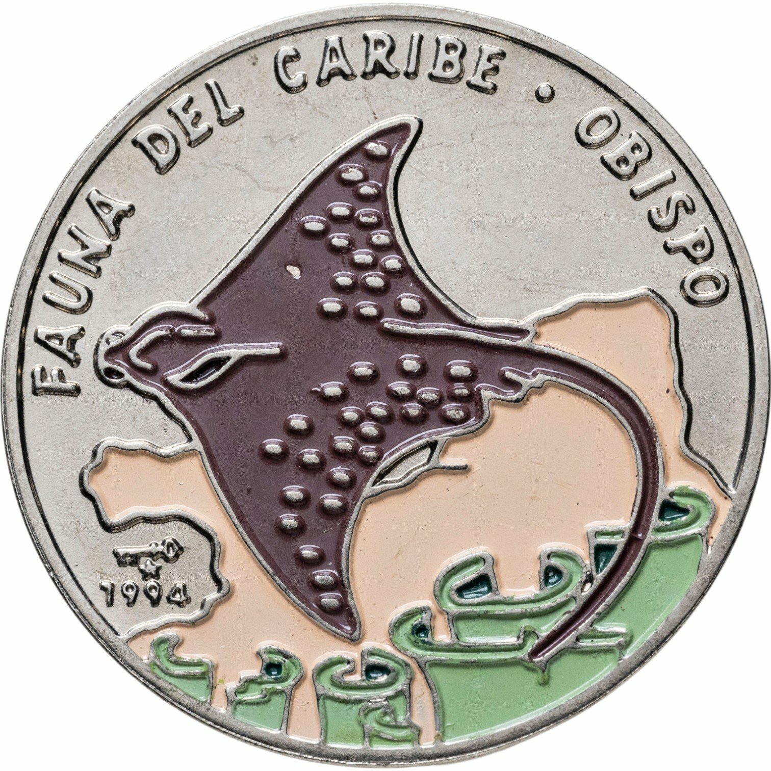 Куба 1 песо peso 1994 "Карибская фауна - Манта скат", Сталь, в сохранности UNC