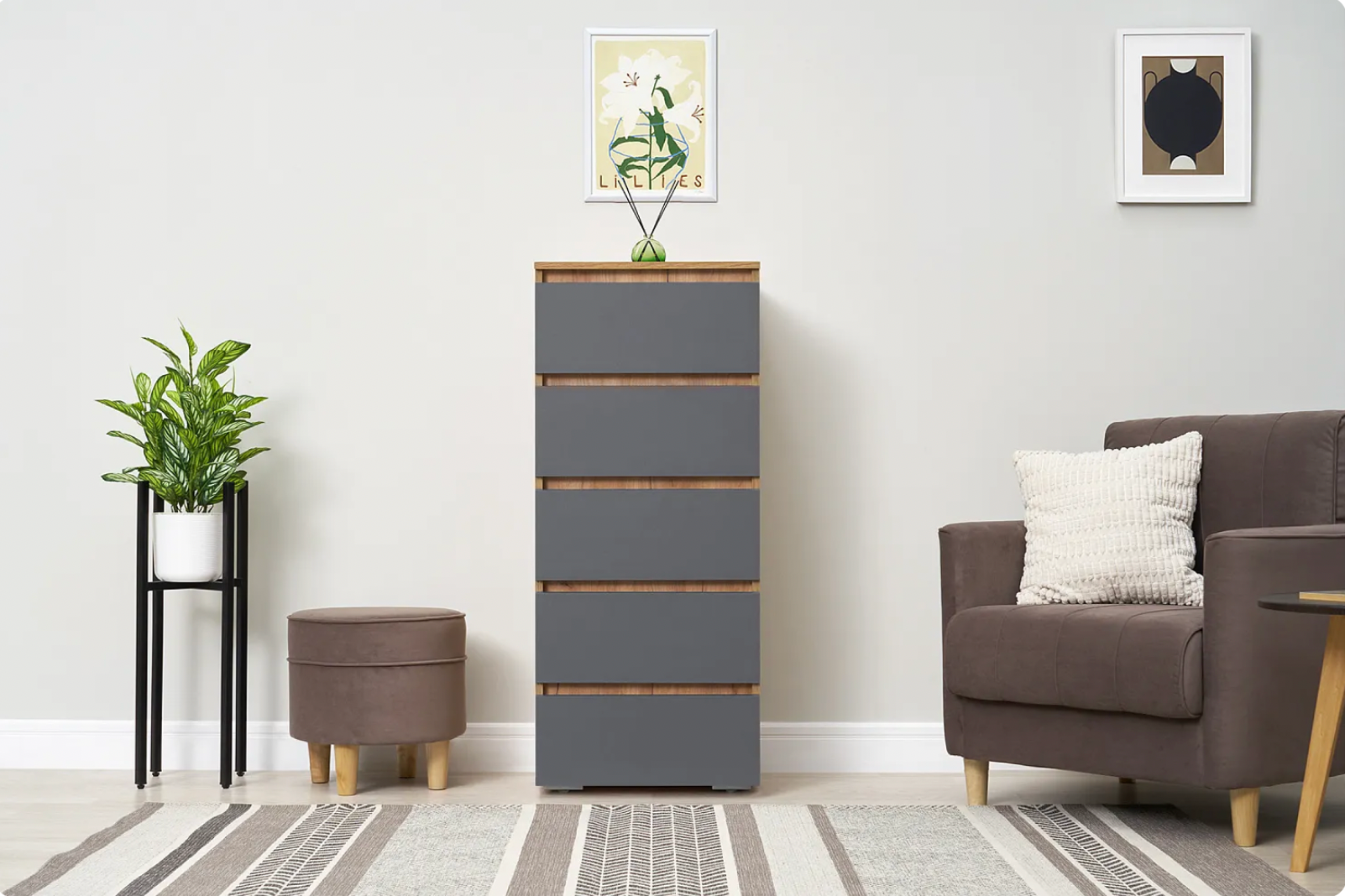 Хелен КМ 03 Комод 502 5 ящиков (0,502х1,188х0,460), серый графит/дуб крафт золото