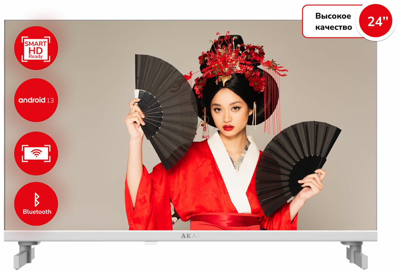 Телевизор Akai TA24BH502WT, 24 дюйма, HD, смарт ТВ, Android 13, белый