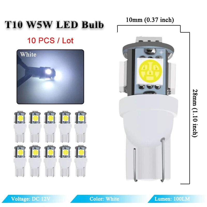 10шт T10 W5W LED лампа, белая, 12V, 100LM