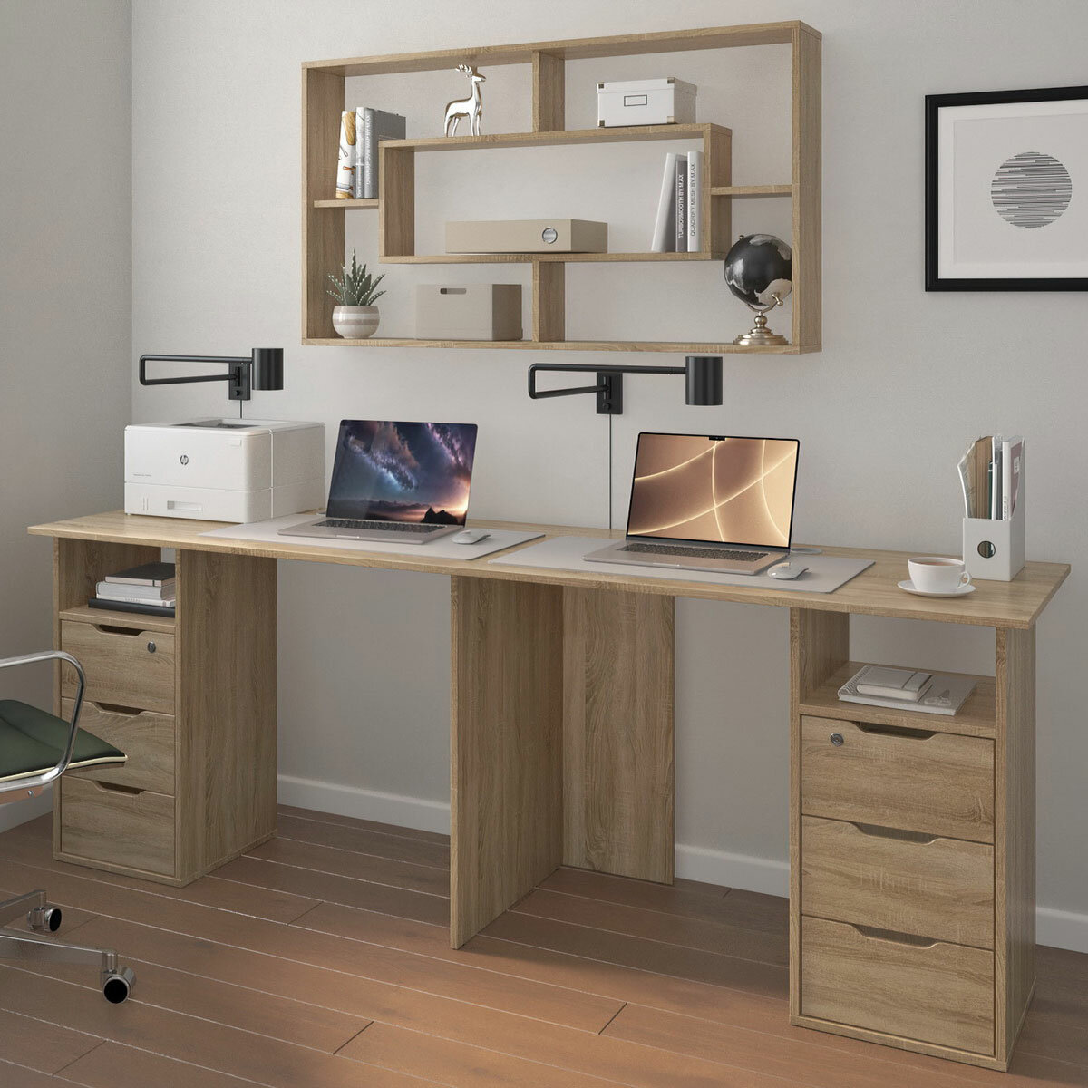 Письменный стол для двоих МагМебель Б-83.87 с настенной полкой (комплект) дуб сонома