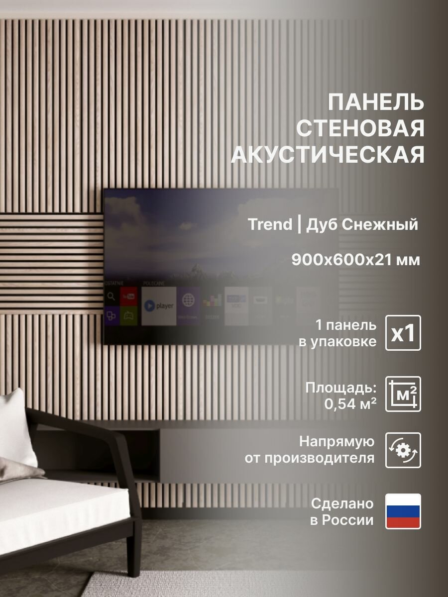 Панель стеновая с рейками акустическая с 3D эффектом; Коллекция: Trend Light Цвет: Дуб Снежный 900х600х21 мм