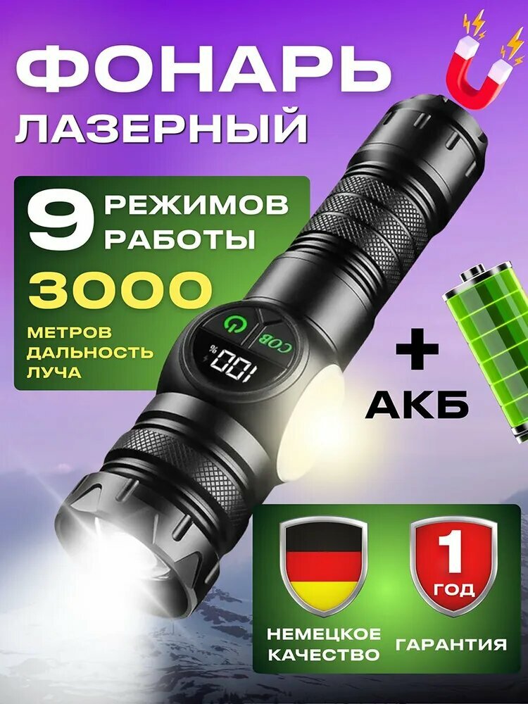 Фонарь, PM30-TG LASER WICK, сверхъяркость, дальность освещения до 3000 м, черный