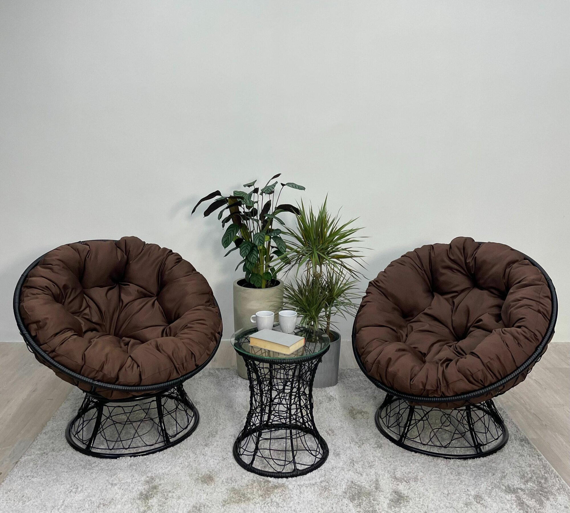 Набор садовый папасан плюс черный 2 кресла, столик, 2 подушки (коричневый, полиэстер)