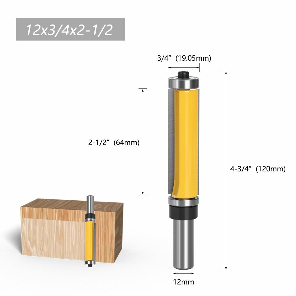 Фреза кромочная прямая (обгонная) с нижним подшипником 19 х 64 мм, хвостовик 12 мм