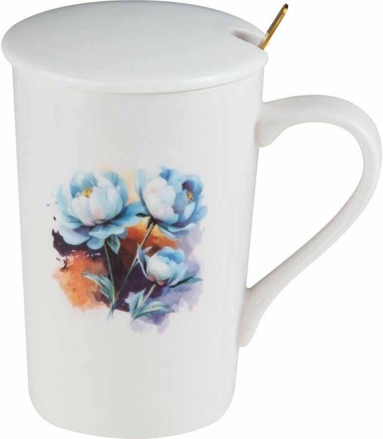 Кружка керамическая с крышкой и ложкой PERFECTO LINEA Peony 350 мл (17-350703)