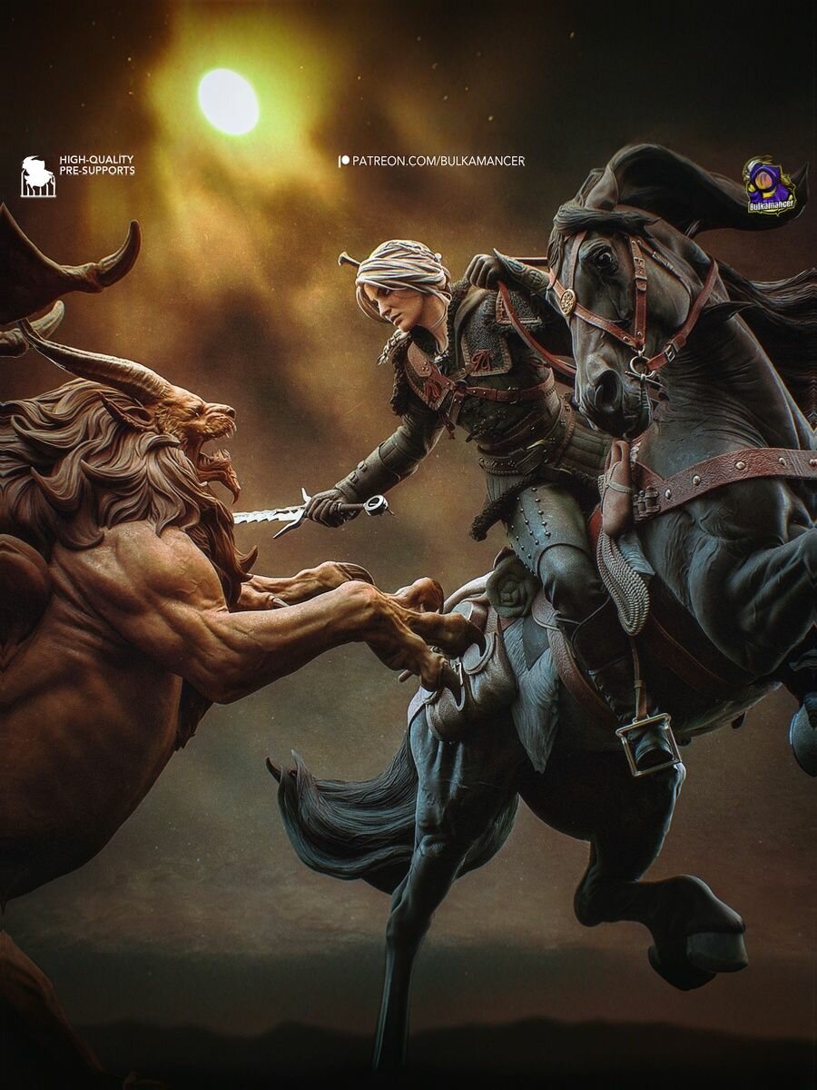 Диорама Цири в бою с мантикорой/Ciri vs Manticore (The Witcher 4). Высота 26 см. Неокрашена и разобрана. 60 деталей/ Bulkamancer Sculpts