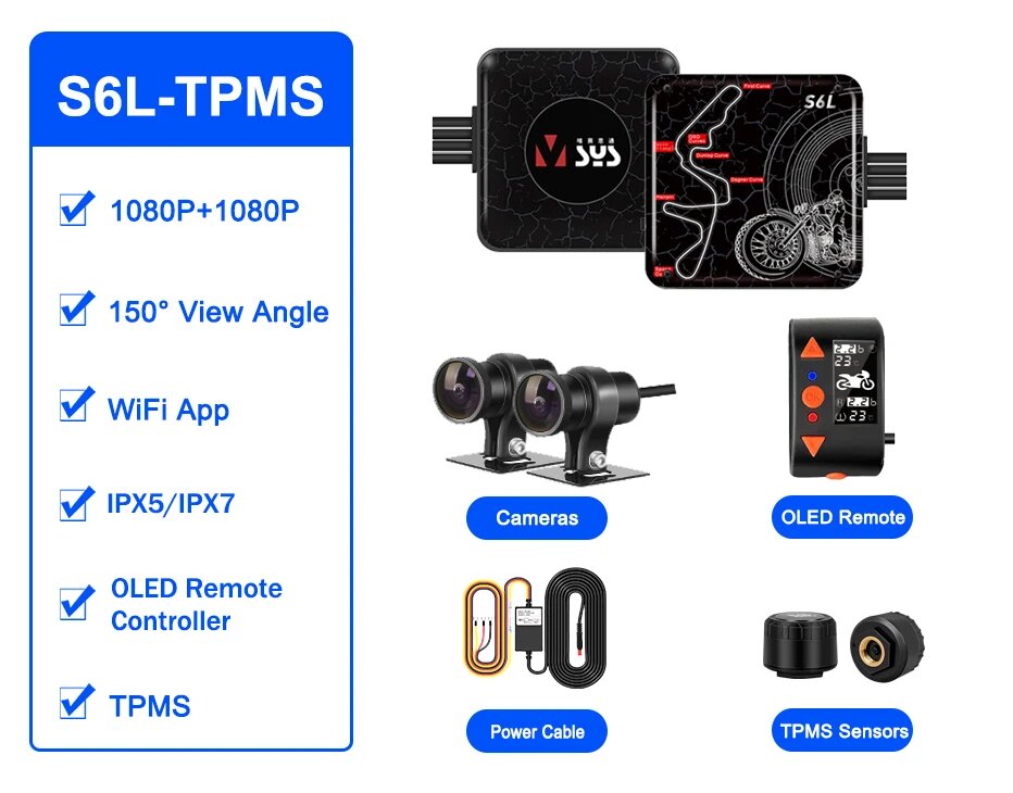 VSYS D6RL D6WL S6L 2-канальный мотоциклетный видеорегистратор с TPMS и Нет, S6L-TPMS