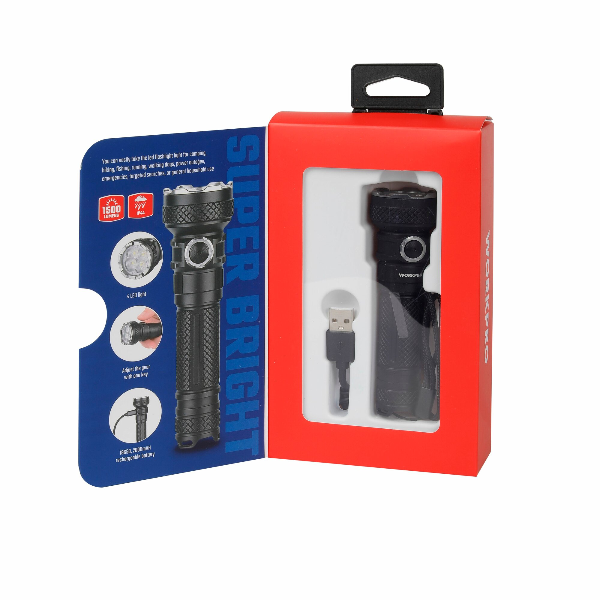 Фонарик светодиодный 1500LM перезаряжаемый, 6 режимов WORKPRO