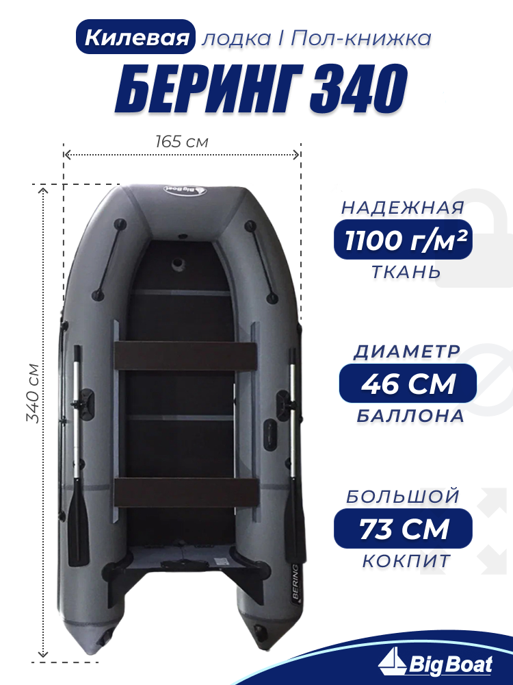 Надувная, под мотор лодка из ПВХ для рыбалки Bering (Беринг) 340К пол-книжка
