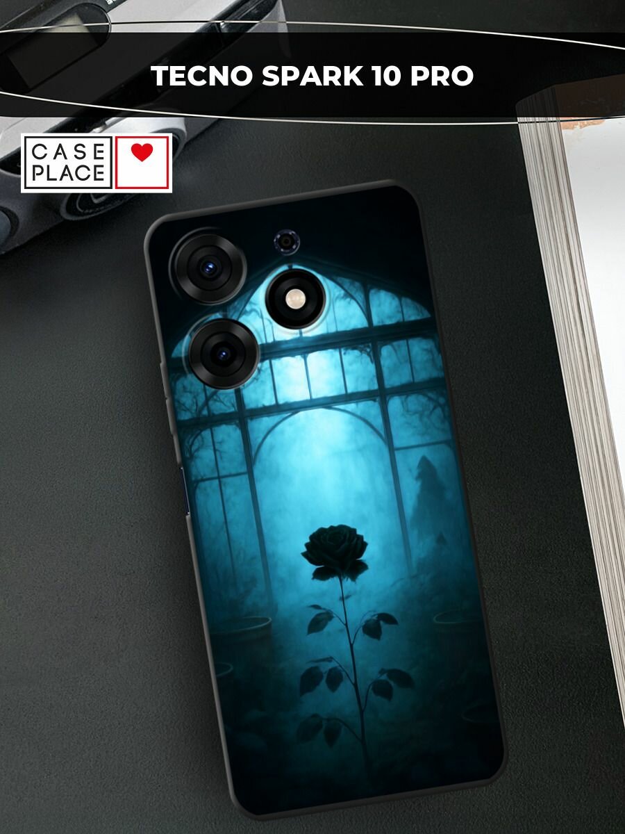 Черный матовый чехол на Tecno Spark 10 Pro / Техно Спарк 10 Про с принтом Черная роза в оранжерее
