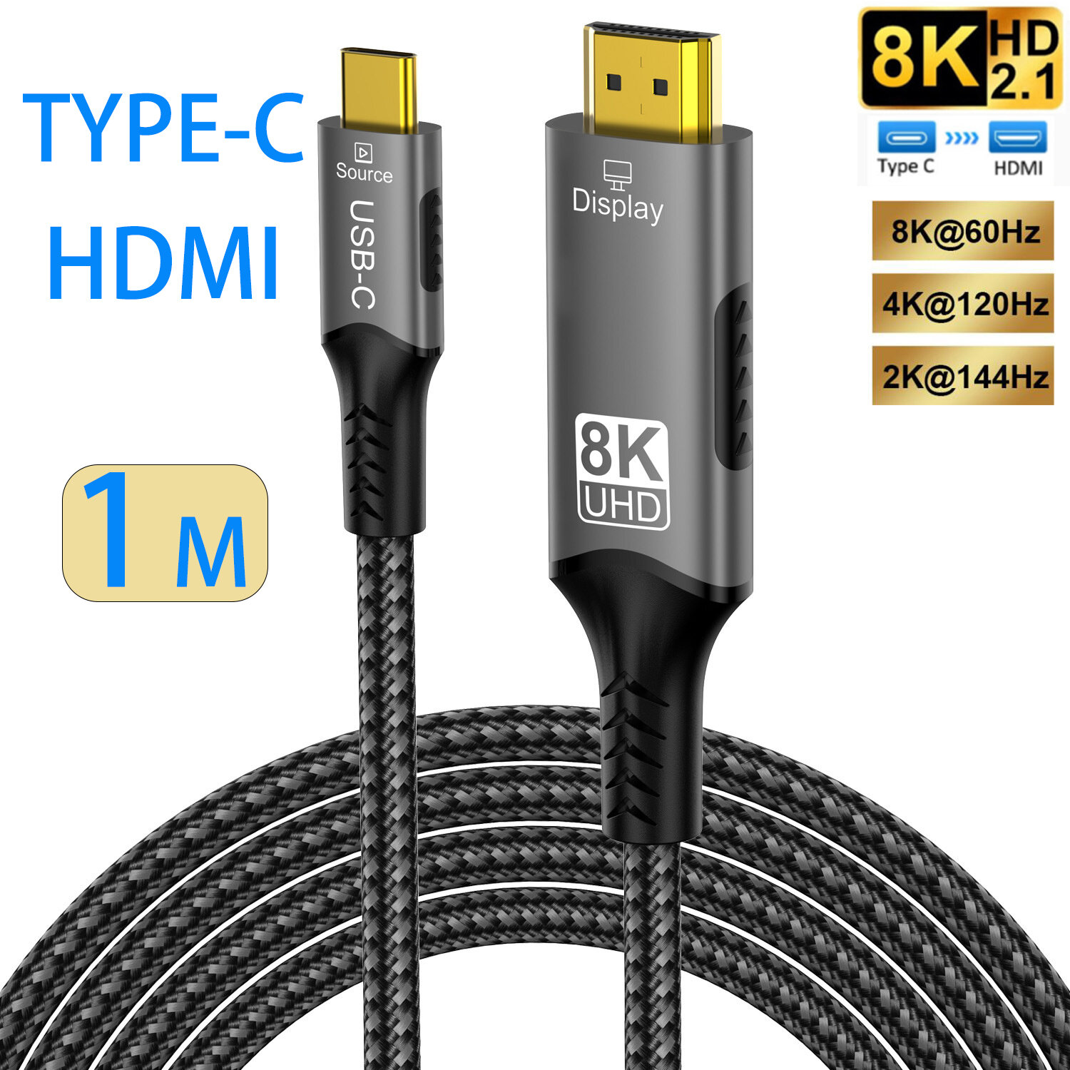 HDMI кабель Type-C 2.1, 8K Ultra HD 60Hz, серый, совместим с ноутбуками, смартфонами и телевизорами
