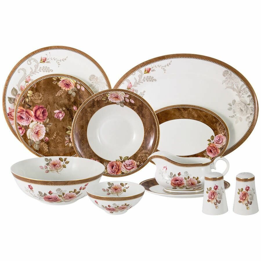 Обеденный сервиз "Английская роза" 27 предметов на 6 персон. Костяной фарфор.