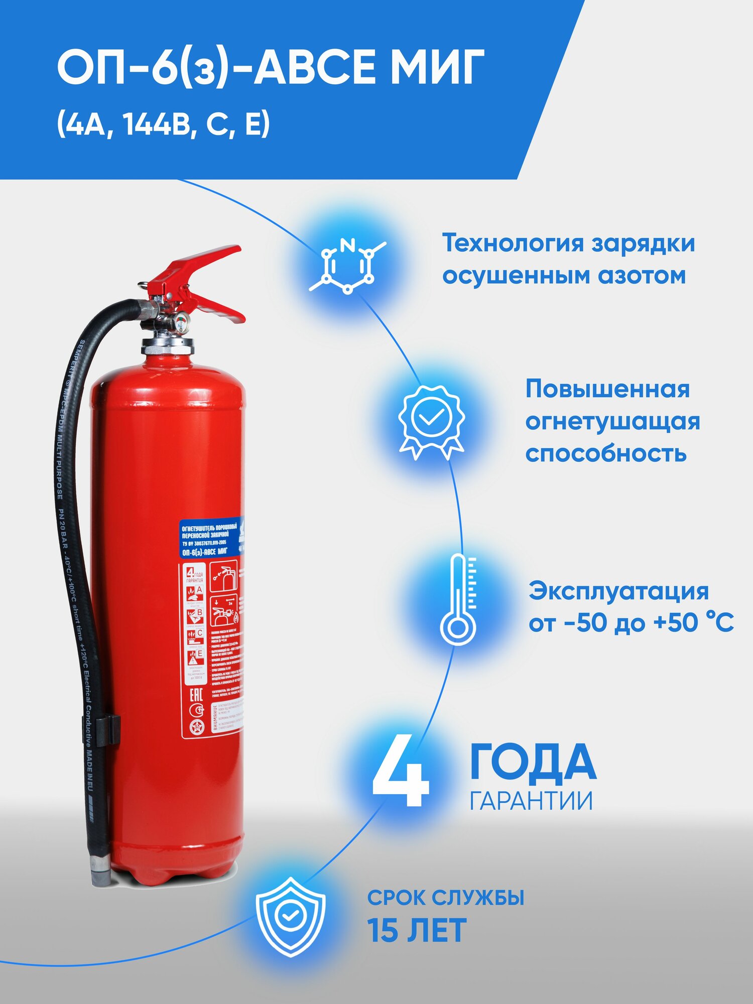 Профессиональный порошковый огнетушитель ОП-6(з) Миг 4А,144В, С, Е.