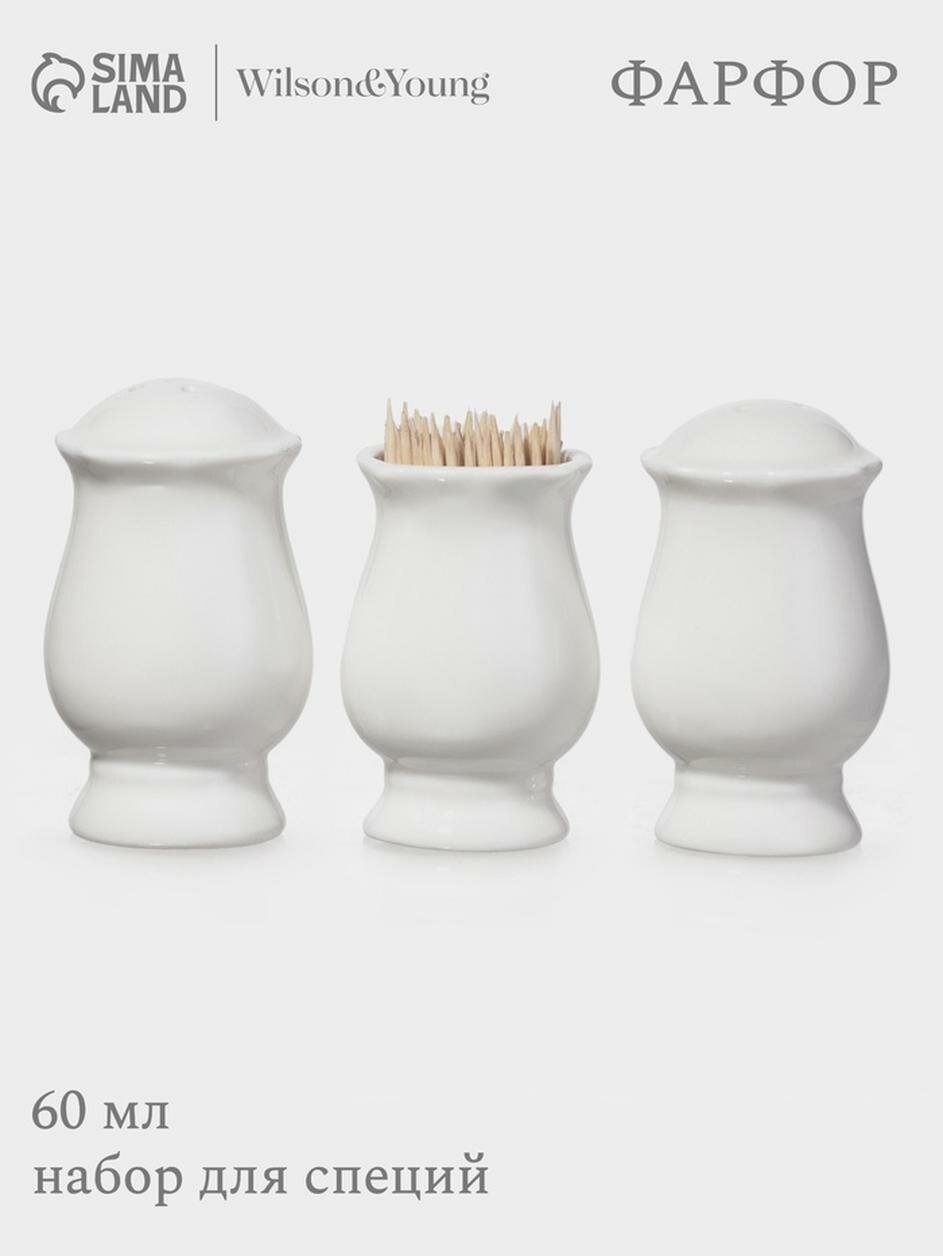 Набор для специй WY Renessans, 3 предмета: солонка, перечница, подставка для зубочисток, 60 мл, фарфор, белый