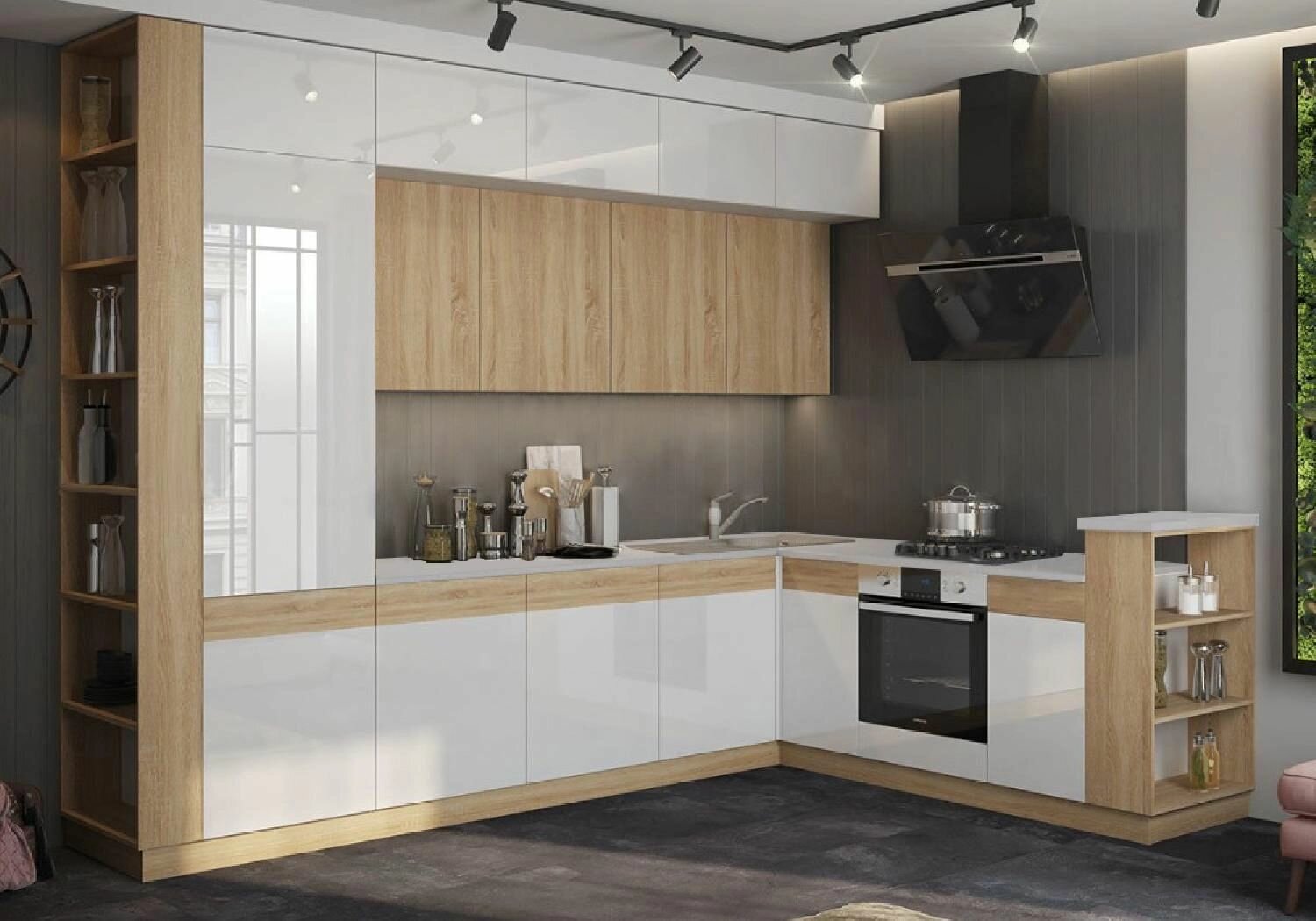 Кухня Техно-5 3,2*2,24м (490) (Сонома/Белый глянец, Белый (Антарес))