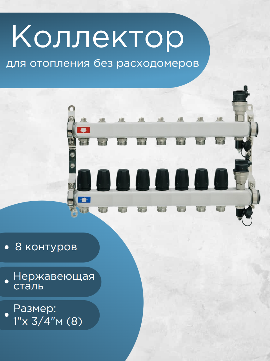 Коллекторная группа Tim KBS5008, для отопления, 8 отводов, нержавеющая сталь