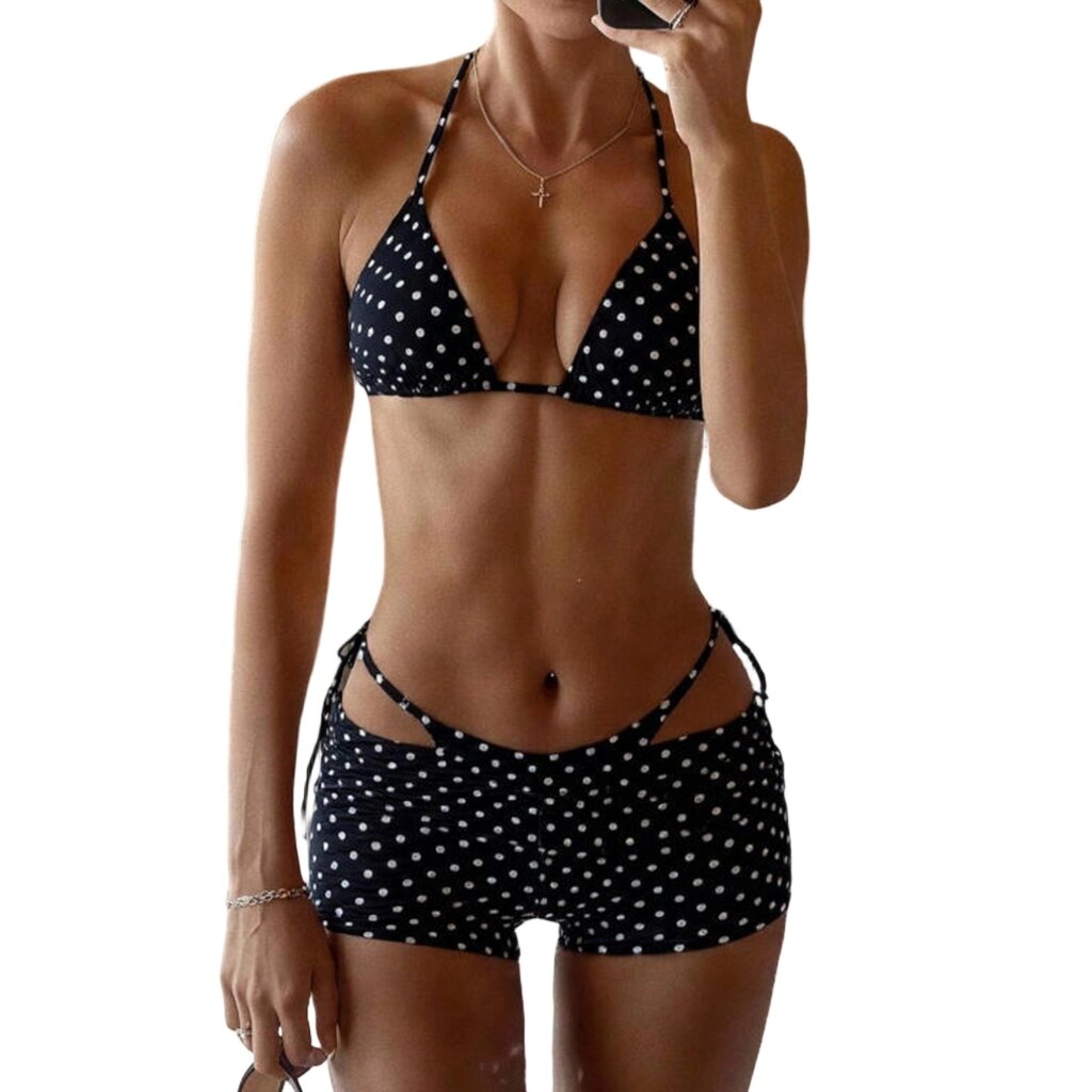 Женский комплект бикини на бретельках из 3 предметов, купальники в горошек с треугольными завязками, купальный костюм с пляжными шортами-маскировками