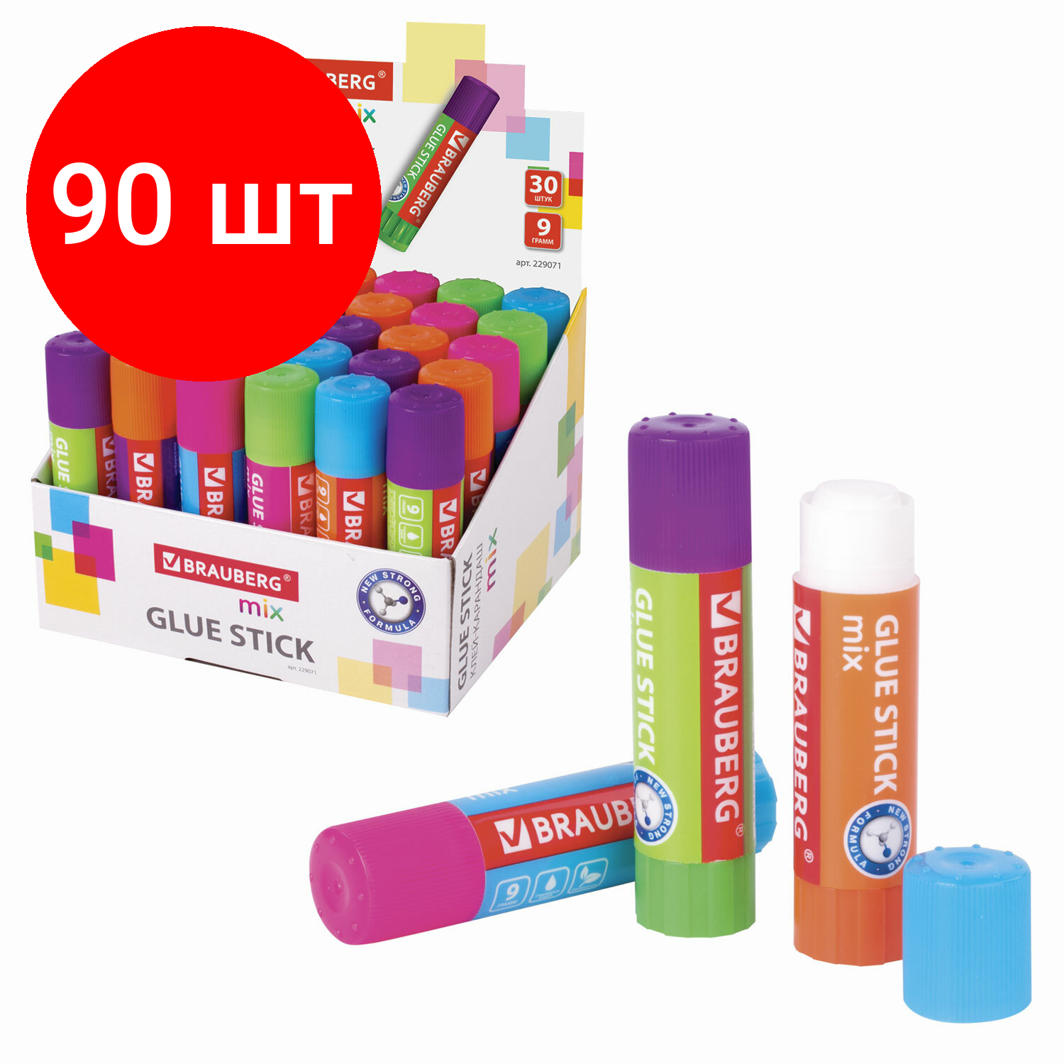 Комплект 90 шт, Клей-карандаш BRAUBERG MIX, 9 г, PVP основа, 229071