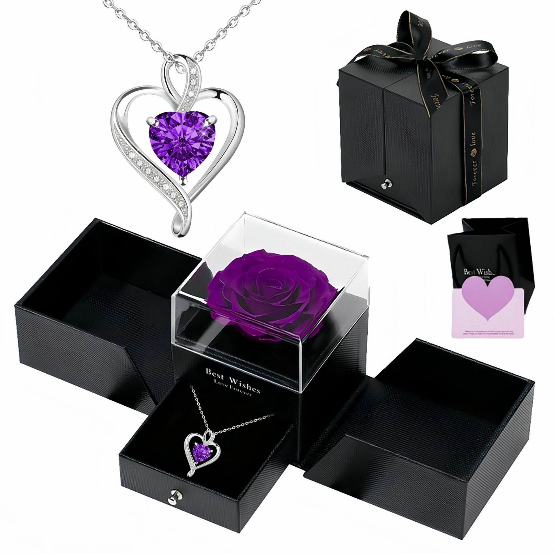 Сохранённая роза в стекле и кулон-сердце, вечный цветок, подарок жене, маме, бабушке на 8 марта, Рождество, день рождения