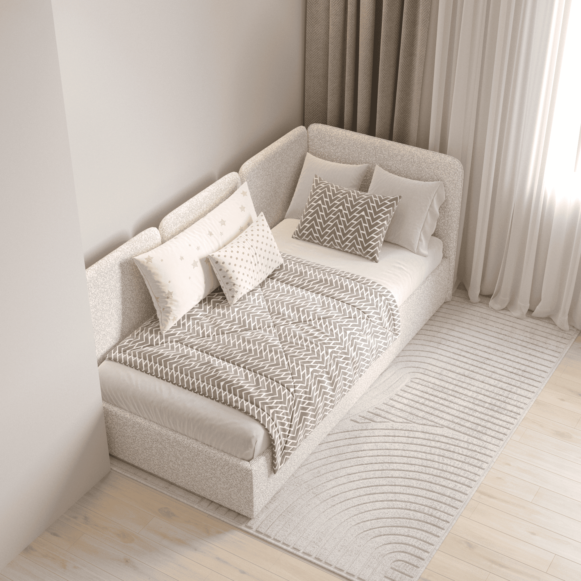 Кровать детская угловая дизайнерская 80х200 «Луна», ткань букле , мягкая кровать