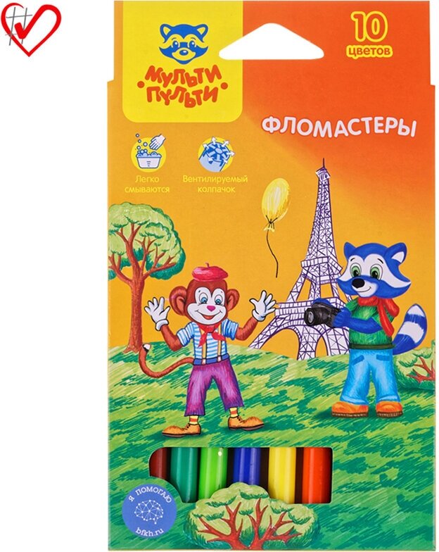 Комплект 36 шт, Фломастеры Мульти-Пульти "Енот во Франции", 10цв, смываемые, картон, европодвес