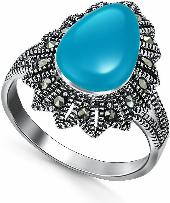 Кольцо широкое, серебро, 925 проба, родирование, марказит, бирюза