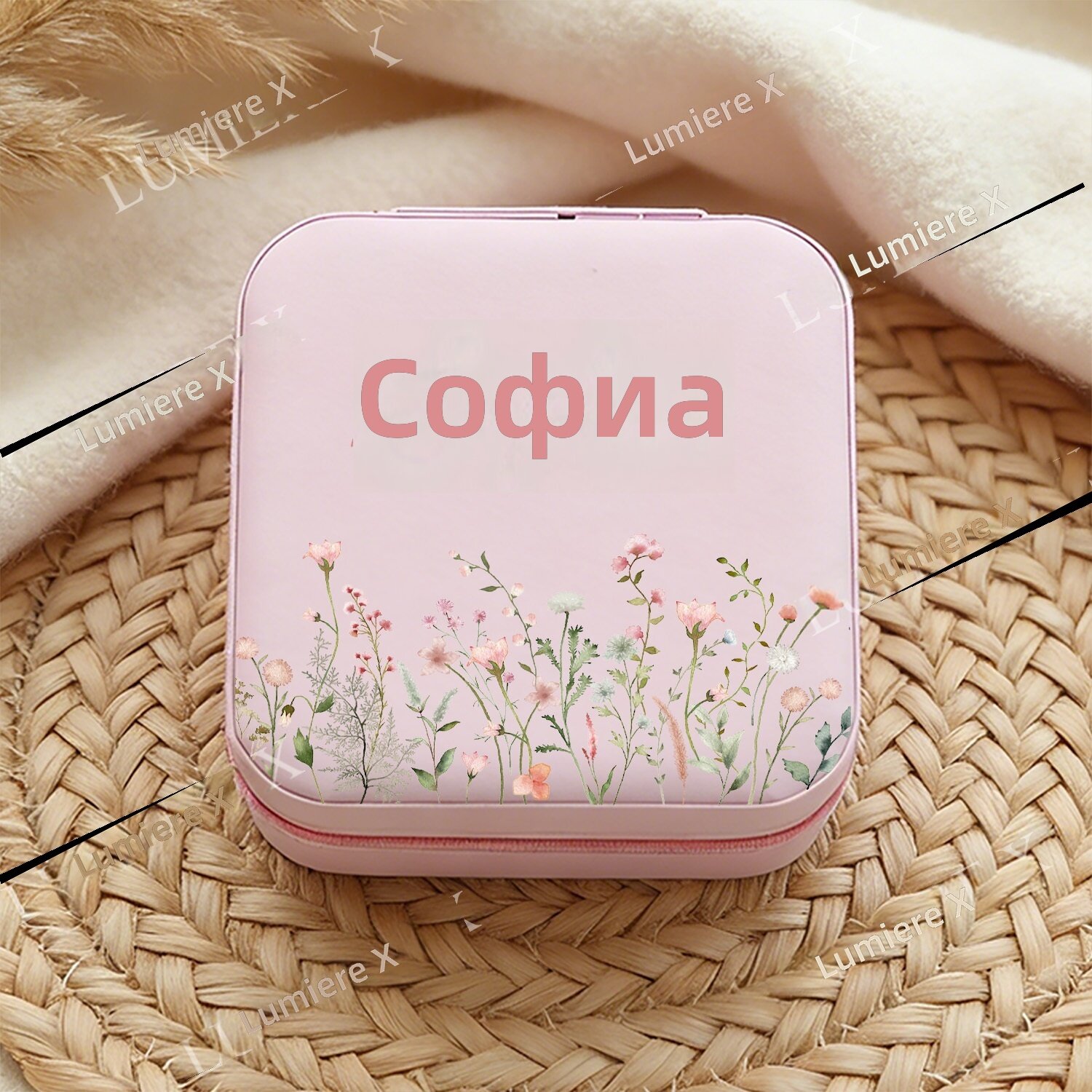 Чехол для украшений дорожный миниатюрный с цветочным узором и гравировкой имени, на молнии, розовый