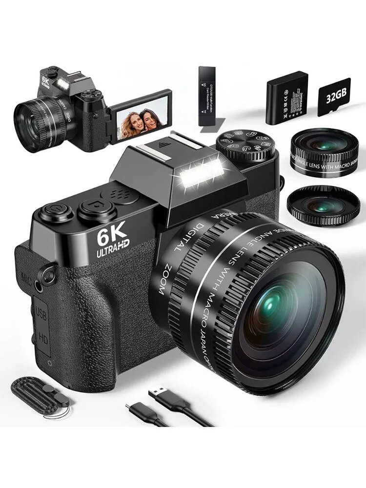 Цифровая камера 6K, 64 Мп, портативная Wi-Fi камера