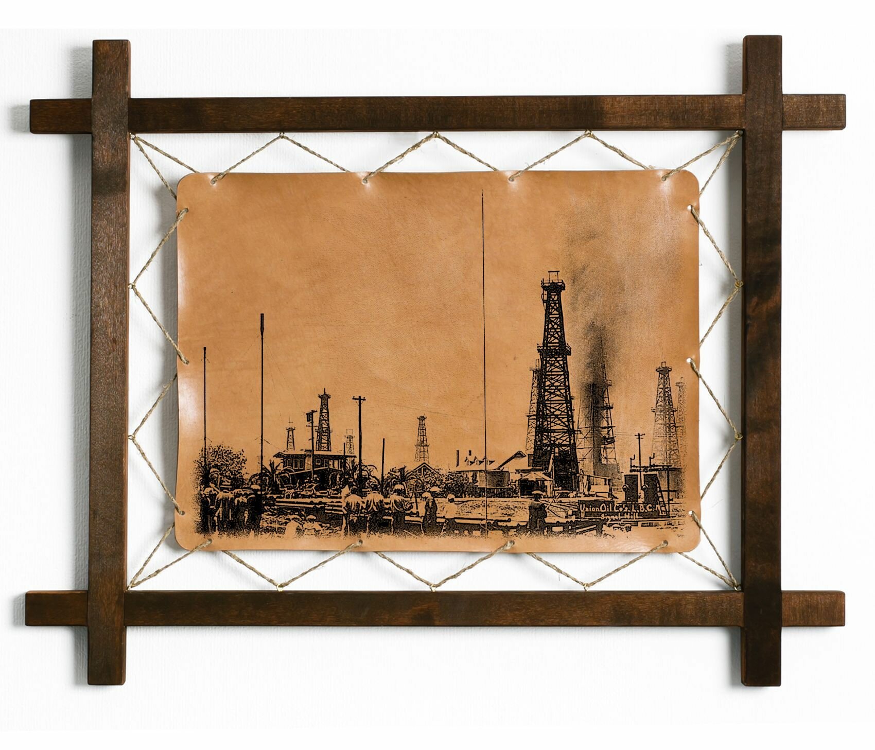 Интерьерная картина из натуральной кожи "Нефть", декоративное настенное панно в деревянной раме, BoomGift