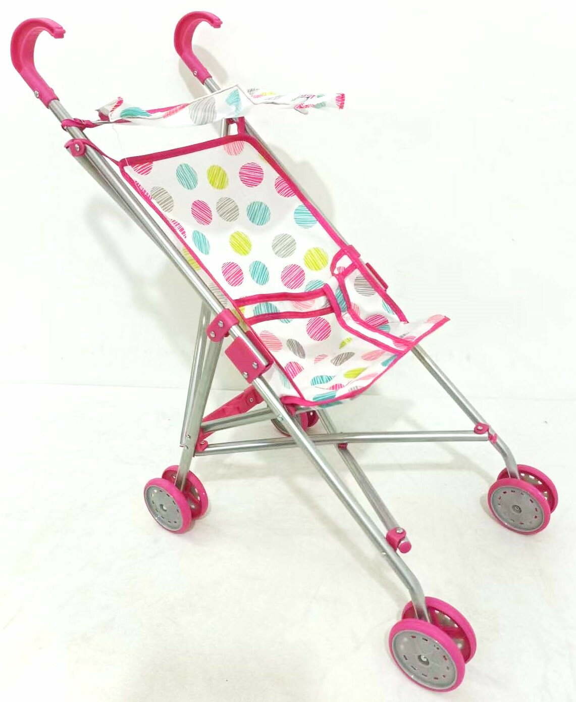 Synergy Коляска-трость для кукол с козырьком белая в горошек 9302S/цвeт№5 с 1,5 лет