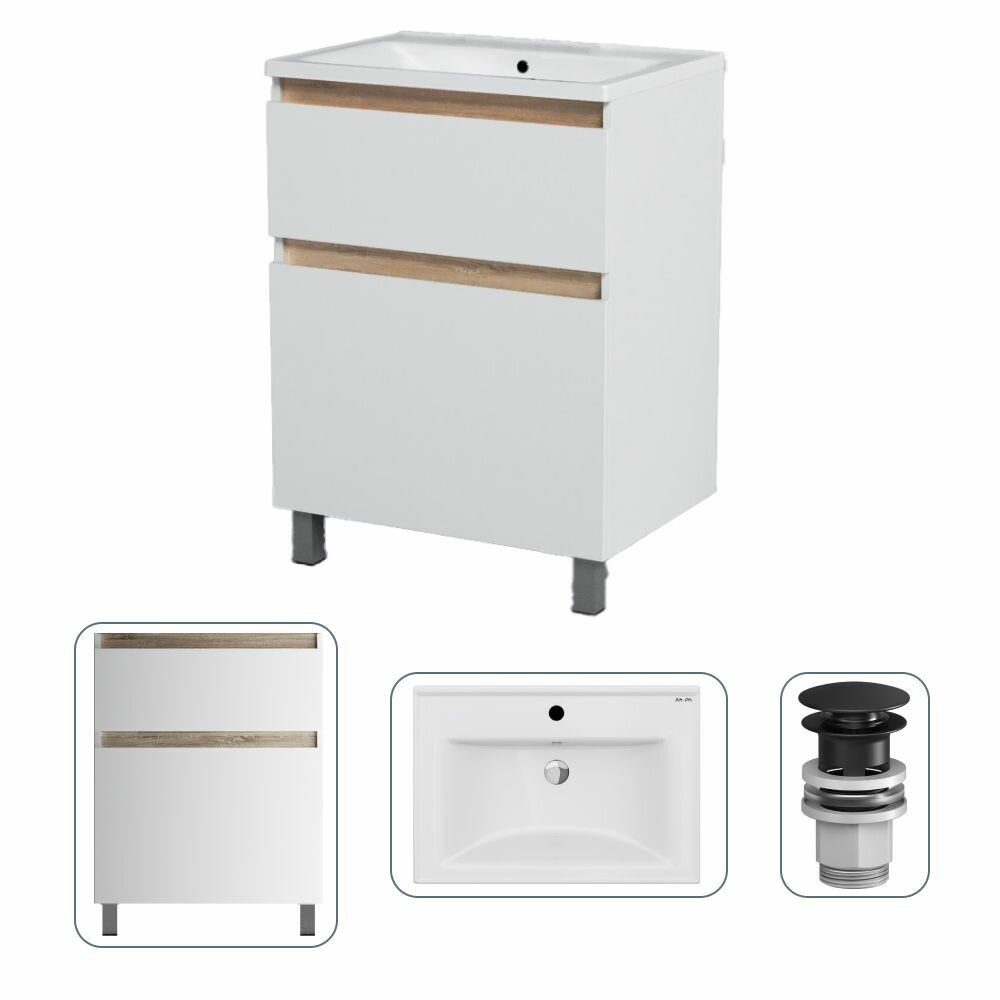 Тумба с раковиной AM.PM, с донным клапаном, белая, черная, 65 см