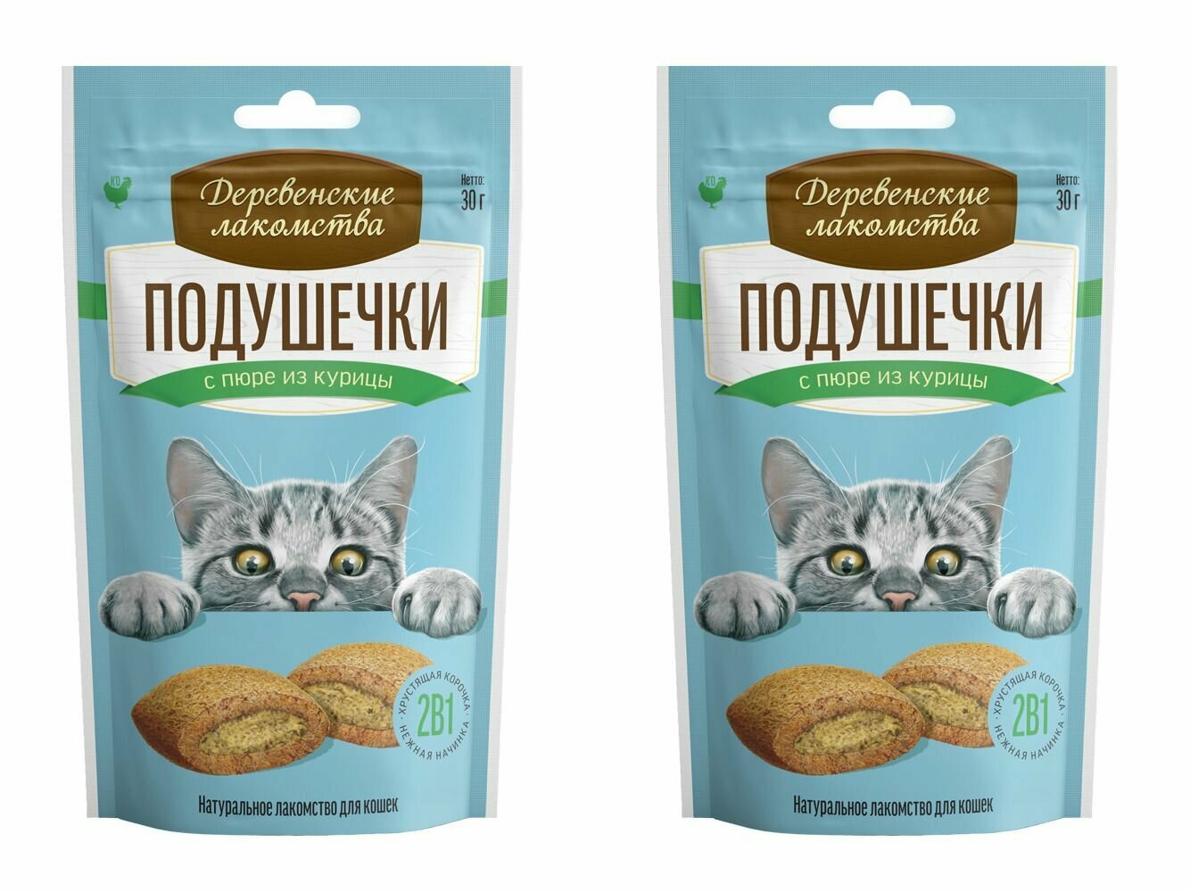 Деревенские лакомства Подушечки с пюре из курицы для кошек 30 гр, 2 шт.