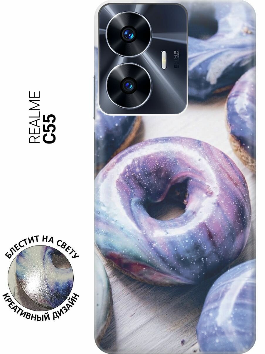 Силиконовый чехол на Realme C55, Рилми С55 с эффектом блеска "Пончики в сиреневой глазури"