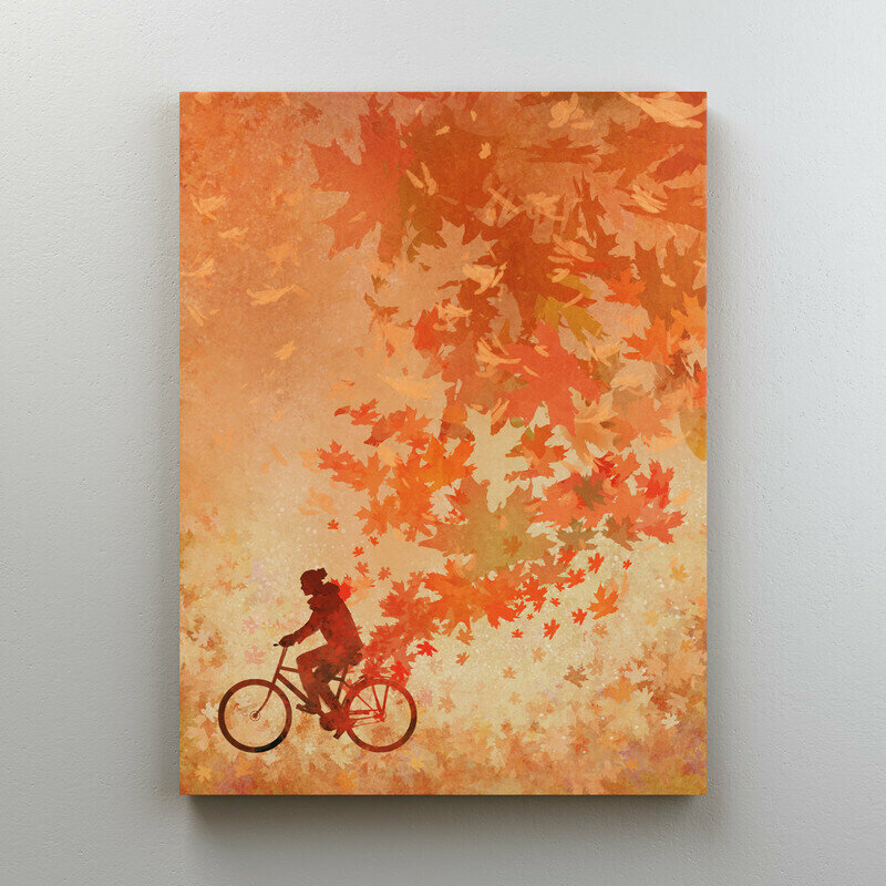 Интерьерная картина на холсте "Велосипедист и листья красного клена - арт" размер 22x30 см