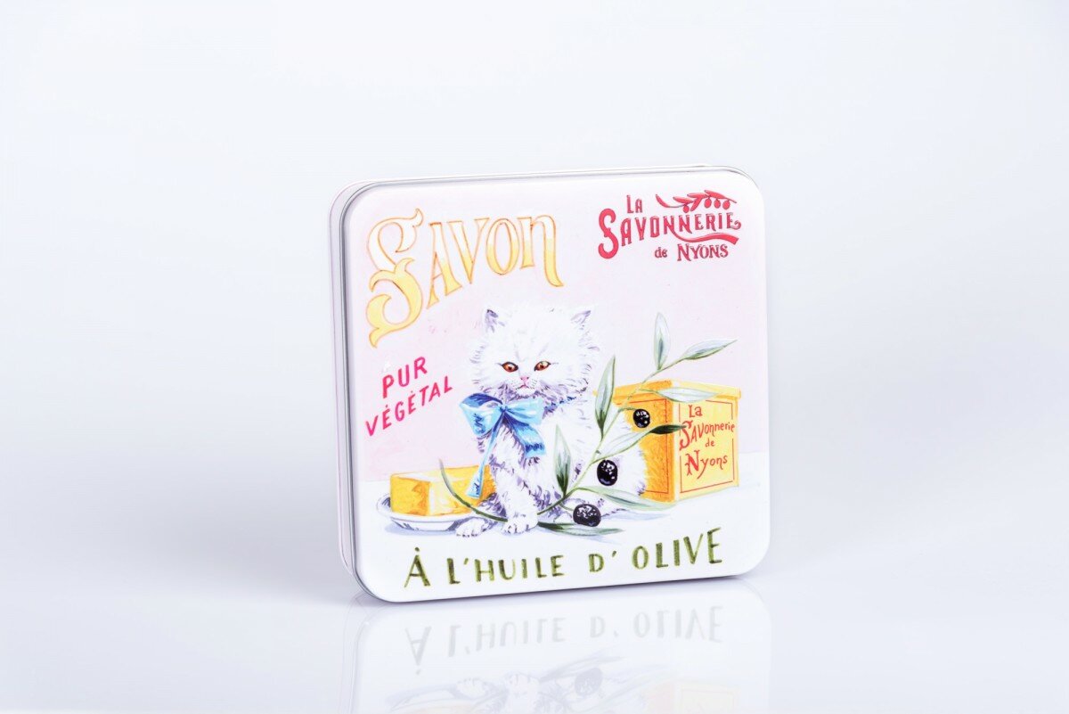 Набор твердого парфюмированного мыла, 4 штуки в металлической коробке Персидский кот 400 гр. (La Savonnerie de Nyons, Франция)