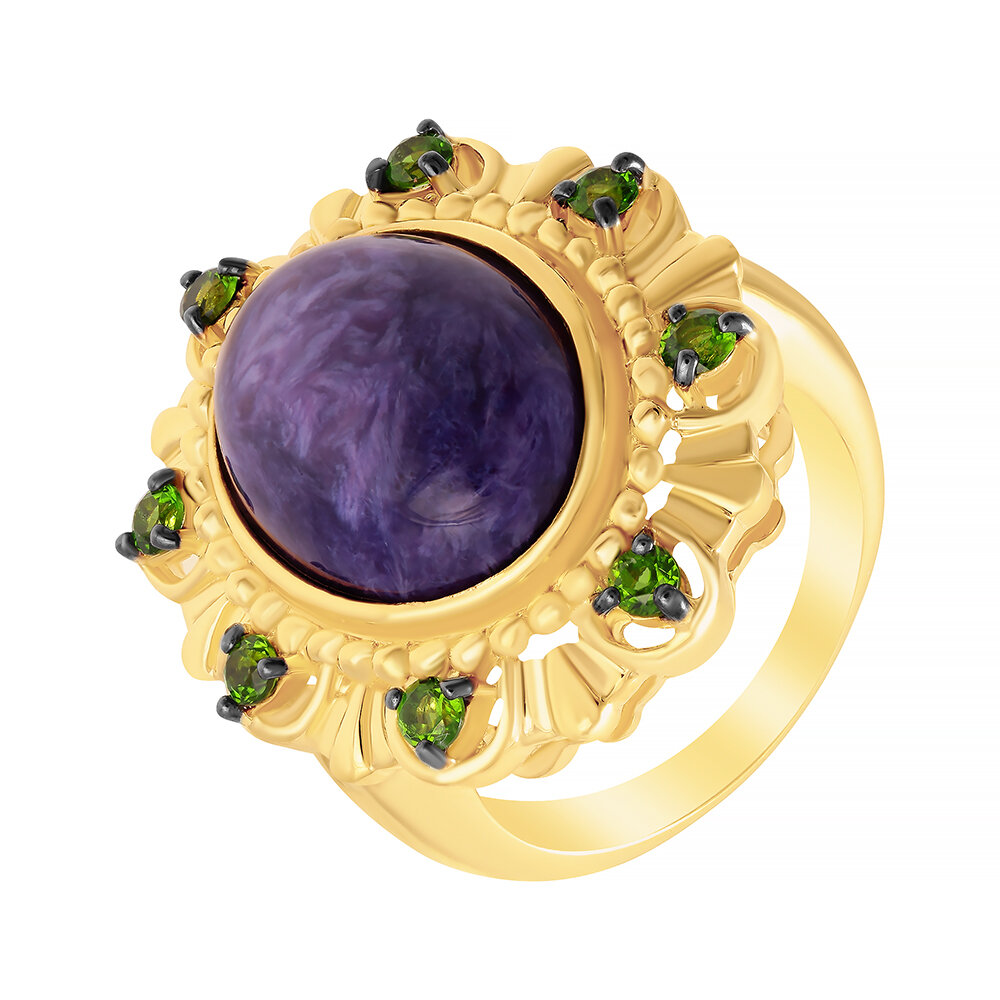 Кольцо, серебро, 925 проба, чароит, хромдиопсид